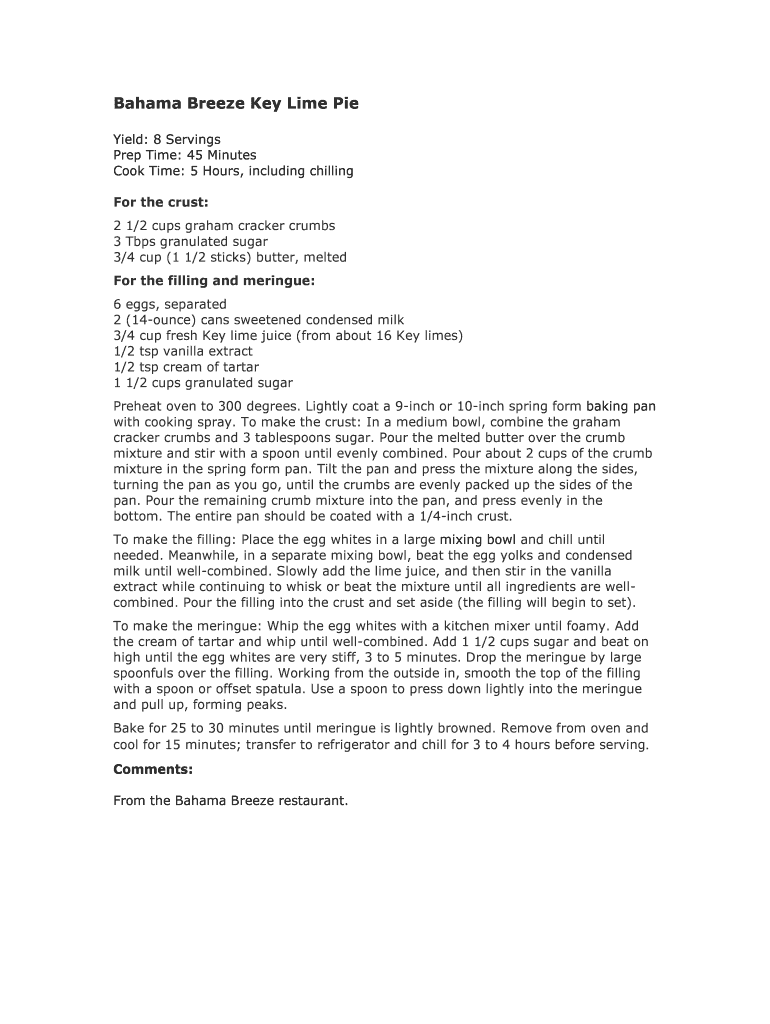 Fillable Online Bahama Breeze Key Lime Pie Fax Email Print - pdfFiller