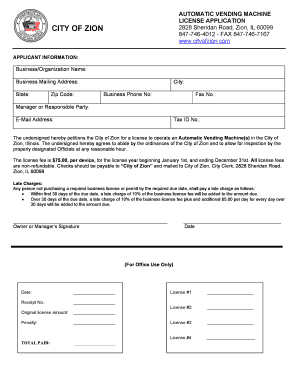 Fillable Online AUTOMATIC VENDING MACHINE LICENSE APPLICATION CITY OF ...