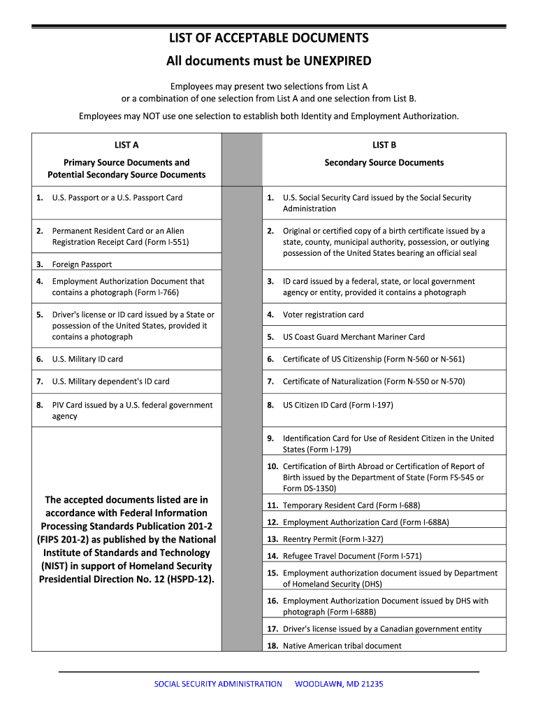 Fillable Online LISTS OF ACCEPTABLE DOCUMENTS All documents must be Fax ...