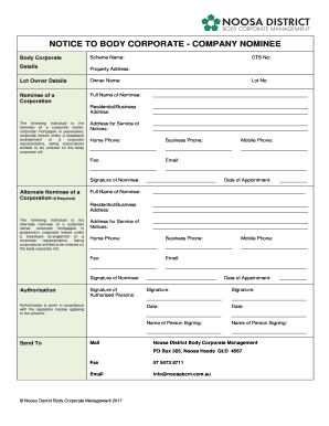 Fillable Online NOTICE TO BODY CORPORATE - COMPANY NOMINEE Fax Email ...