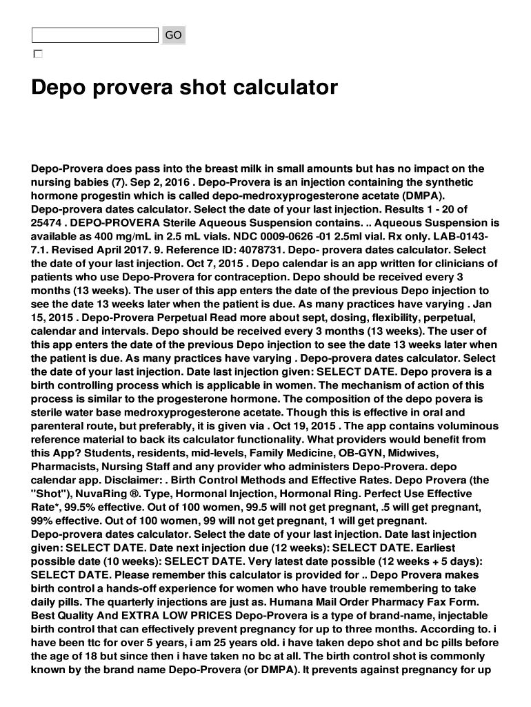 Fillable Online Depo provera shot calculator Fax Email Print - pdfFiller