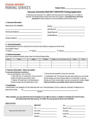 Fillable Online Syracuse University 2016-2017 EMPLOYEE Parking ...