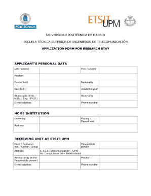 Fillable Online Application form for research stay at ETSIT-UPM Fax ...