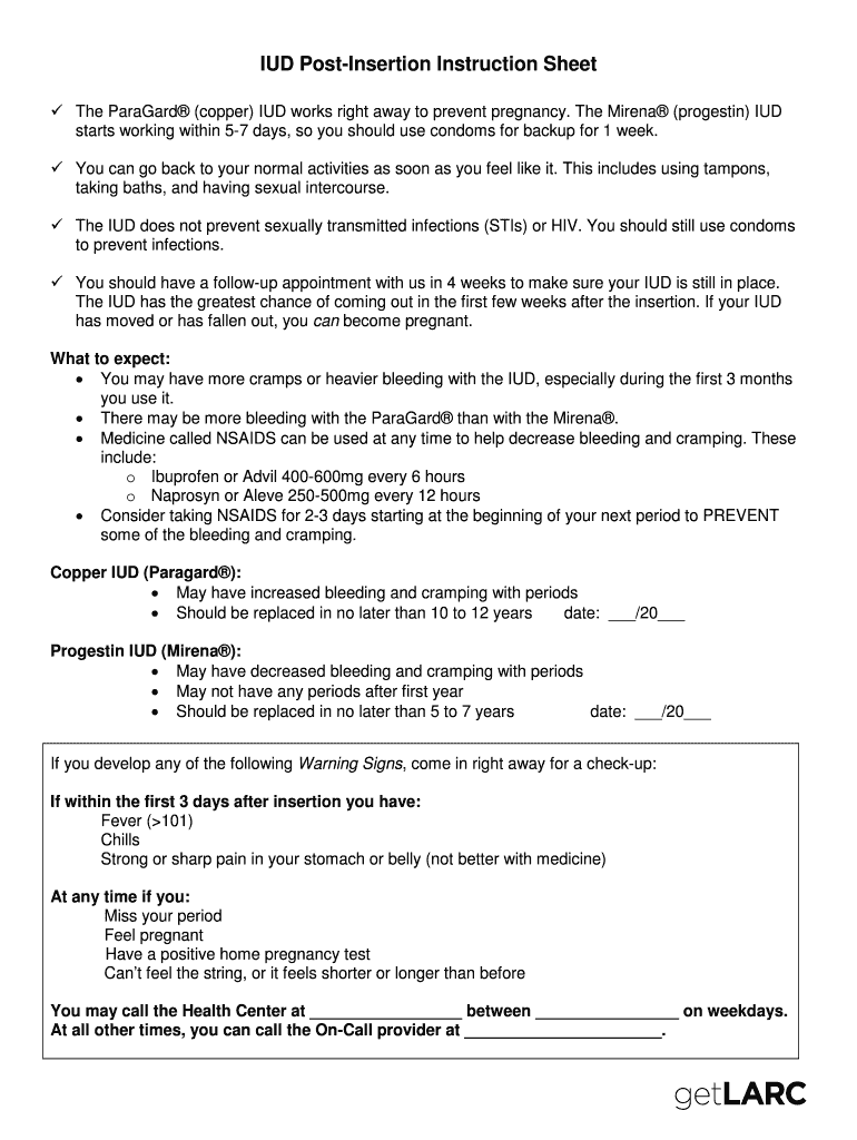 Fillable Online IUD Post-Insertion Instruction Sheet Fax Email Print ...