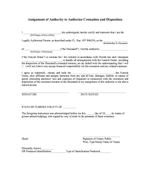 Fillable Online authorization for cremation and disposition - The Death ...