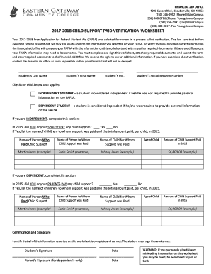 Fillable Online 2017-2018 CHILD SUPPORT PAID VERIFICATION WORKSHEET Fax ...