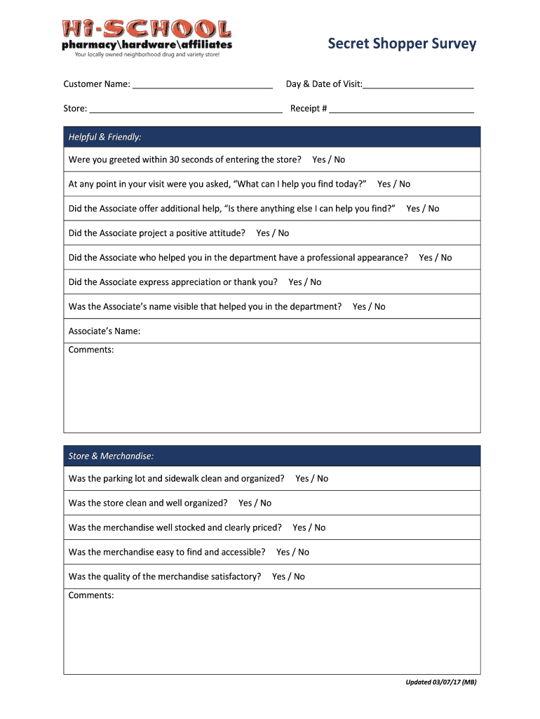 Fillable Online Secret Shopper Survey - hi-schoolpharmacy.com Fax Email ...