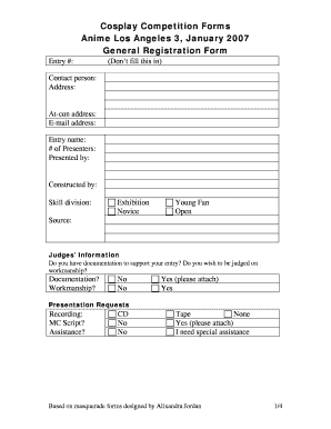 Fillable Online Cosplay Competition Forms Anime Los Angeles 3, January ...