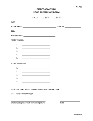 Fillable Online ojj la DIRECT ADMISSION FOOD PREFERENCE FORM SCY SCYC ...