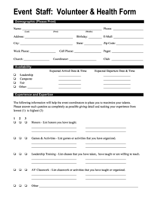 Fillable Online Event Staff: Volunteer & Health Form Fax Email Print ...