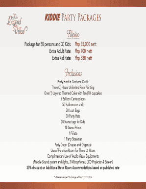Fillable Online Kiddie Party Packages Filipino Inclusions - The Legend ...