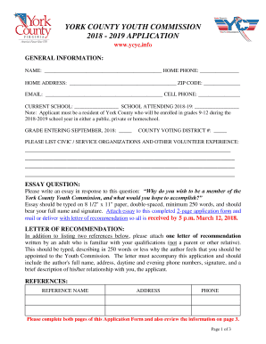 Fillable Online YORK COUNTY YOUTH COMMISSION 2018 - 2019 APPLICATION ...