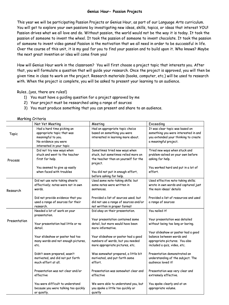 Fillable Online Genius Hour- Passion Projects Fax Email Print - pdfFiller