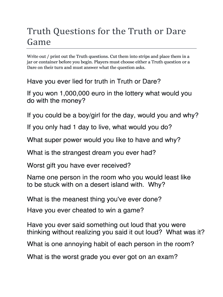 Fillable Online Truth Questions for the Truth or Dare Fax Email Print ...
