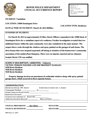 Fillable Online BOWIE POLICE DEPARTMENT UNUSUAL OCCURRENCE REPORT Fax ...
