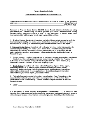 Fillable Online Tenant Selection Criteria Form - Accel Property Management Fax Email Print ...