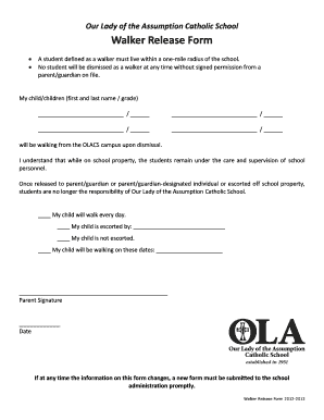 Fillable Online Walker Release Form - Our Lady of the Assumption ...