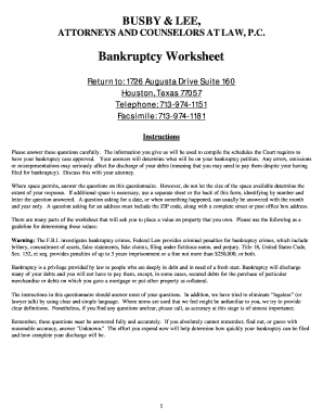 Fillable Online Bankruptcy Worksheet - PRWeb Fax Email Print - pdfFiller