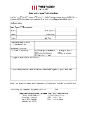 Fillable Online Observation Hours Verification Form - Whitworth ...