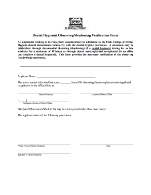 Fillable Online Dental Hygienist Observing/Shadowing Verification Form ...