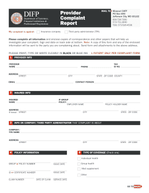 Fillable Online insurance mo Missouri Provider Complaint Report Form ...