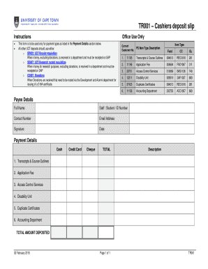 Fillable Online forms uct ac TR001Cashiers deposit slip - UCT ...