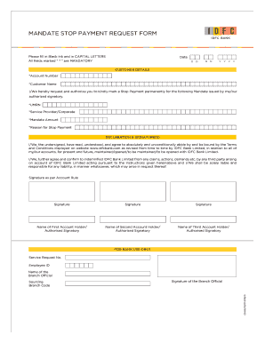 Fillable Online Mandate Stop Request Form - IDFC Bank Fax Email Print ...