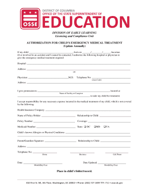 Fillable Online osse dc Authorization for Child's Emergency Medical ...
