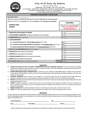 Fillable Online Transient Occupancy Tax (TOT) Return - Payment Form Fax ...