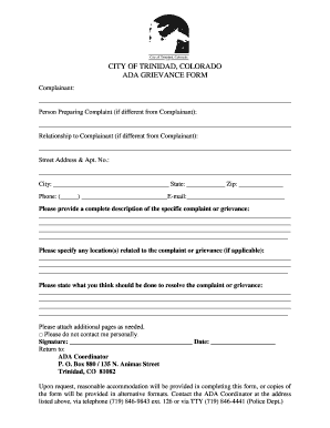 Fillable Online CITY OF TRINIDAD, COLORADO ADA GRIEVANCE FORM Fax Email Print - pdfFiller