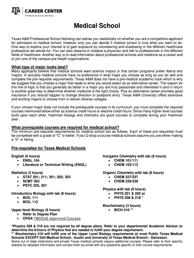Fillable Online Medical School - OPSA - Texas A&M University Fax Email ...