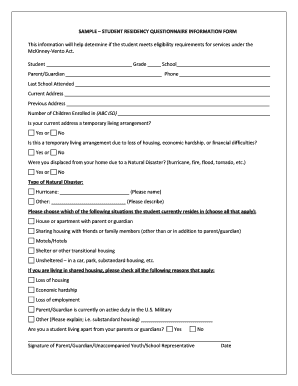Fillable Online SAMPLE STUDENT RESIDENCY QUESTIONNAIRE INFORMATION FORM ...