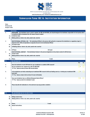 Fillable Online UBMISSION FORM IBC A: INSTITUTION INFORMATION Fax Email ...