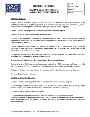 Remplissable En Ligne Remplissable FICHE DE FONCTION RESPONSABLE METHODES et ... Fax Email ...
