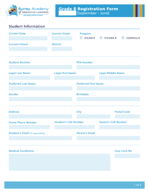 Fillable Online Grade 8 Registration Form - SAIL Academy Fax Email Print - pdfFiller