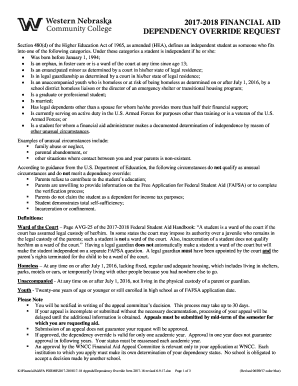 Fillable Online 2017-2018 FINANCIAL AID DEPENDENCY OVERRIDE REQUEST Fax ...