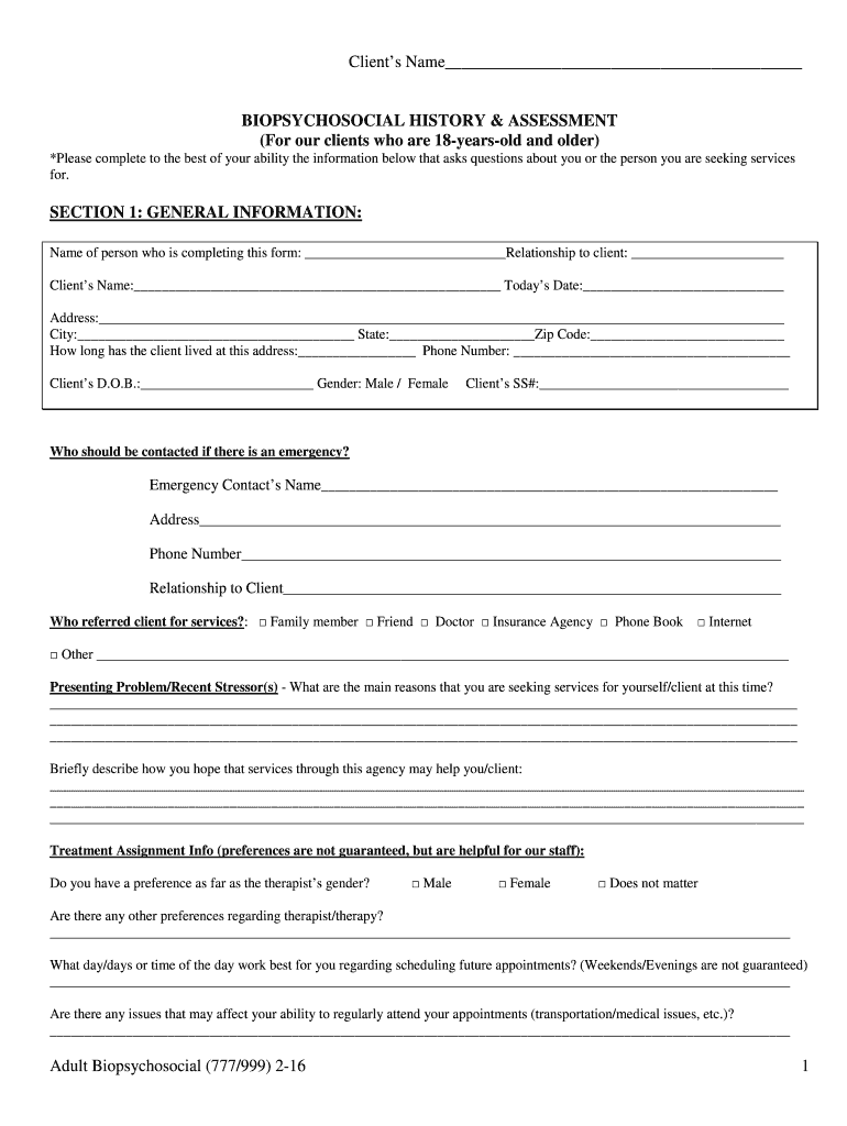 Biopsychosocial History Assessment 2016 2022 Fill And Sign 