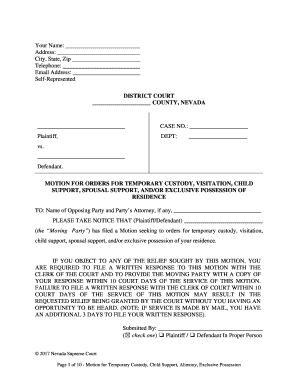 Fillable Online Motion for Temporary Custody, Support and/or Exclusive ...
