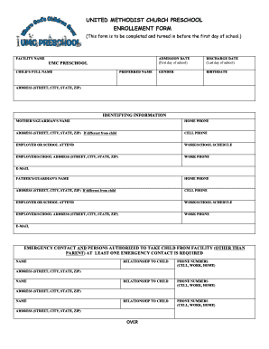 Fillable Online united methodist church preschool enrollement form ...