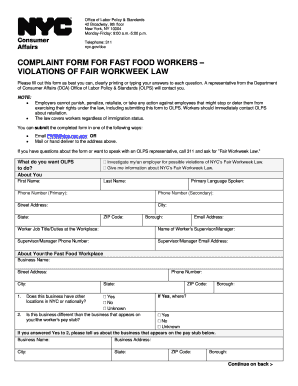 Fillable Online complaint form for fast food workers violations of fair workweek law Fax Email ...