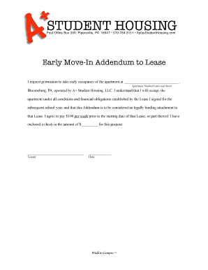 Fillable Online Early Move-In 8/2017.pages - A Plus Student Housing Fax ...