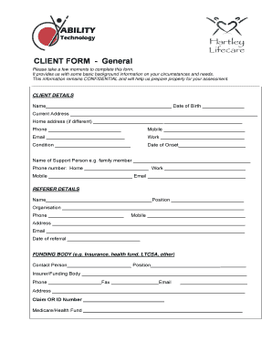 Fillable Online CLIENT FORM - General - Hartley Lifecare Fax Email ...