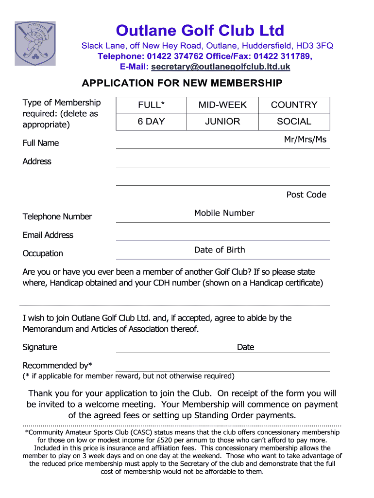 UK Outlane Golf Club Ltd Application Form - Fill Online, Printable ...
