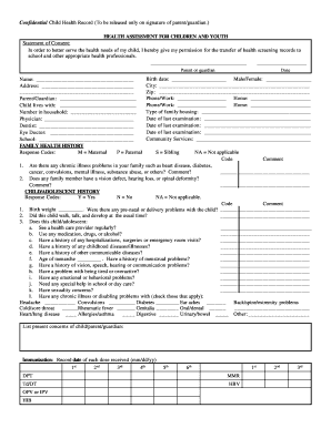 Fillable Online School Health Assessment Form. school health Fax Email ...