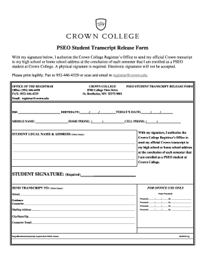 Fillable Online PSEO Student Transcript Release Form Fax Email Print ...