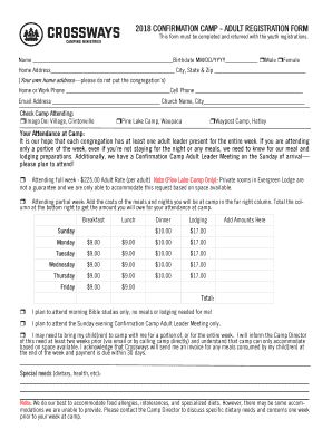 Fillable Online 2018 confirmation camp - adult registration form - Crossways ... Fax Email Print ...