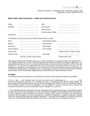 Fillable Online Bank debit order instruction / credit card authority ...