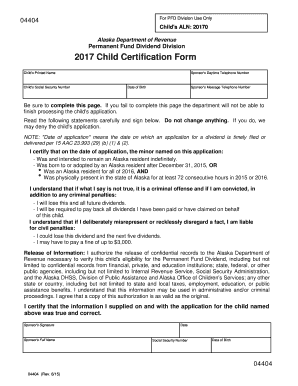 Fillable Online pfd alaska 2017 Child Certification Form Fax Email ...