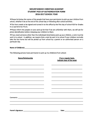Fillable Online Student Pick-up Authorization Form - Mountainside ...
