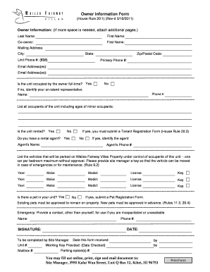 Fillable Online Owner Information Form - Wailea Fairway Villas Fax ...